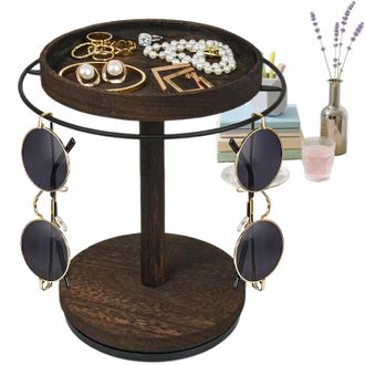 Generic Sonnenorganisator - 360 Grad drehbarer Organizer mit Tablett und Basis, Hakenhalter aus Holz für Halskette, Schmuck, Schlüssel, Kommode, Schminktisch