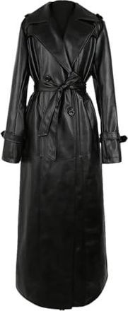 Generic Trench extra long en cuir PU souple noir pour femme &agrave; double boutonnage avec ceinture ajust&eacute;e, Noir, S