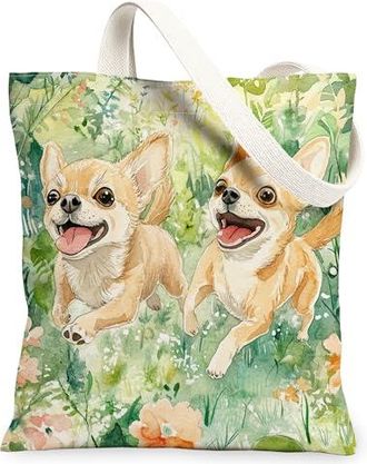 Generic Sac fourre-tout en toile motif chihuahua printanier pour faire du shopping, 33 x 38,1 cm, sac &agrave; bandouli&egrave;re r&eacute;utilisable pour femme, peinture pour ani