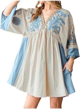 Generic Robe boh&egrave;me brod&eacute;e avec col et manches 3/4 pour femme, coupe ample, bleu, L