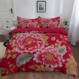 Generic Bettw&auml;sche Set Reversibel 180 x 200 cm, Rot Bettbezug mit Elegant Raffiniert Luxuri&ouml;s Blumig Muster, Mikrofaser mit Rei&szlig;verschluss, Geeignet f&uuml;r den E