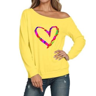 Generic 2026 Sweat-shirt pour la Saint-Valentin avec imprim&eacute; l&egrave;vres et &eacute;paules d&eacute;nud&eacute;es et manches longues, jaune, XXL