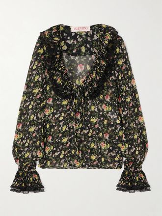 Valentino Garavani Blouse En Mousseline De Soie Imprim&eacute;e &Agrave; Volants - Noir
