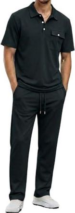 Generic Tenue d&eacute;contract&eacute;e &agrave; manches courtes pour homme avec chemise et pantalon de couleur unie 2 pi&egrave;ces avec poches, Noir, M