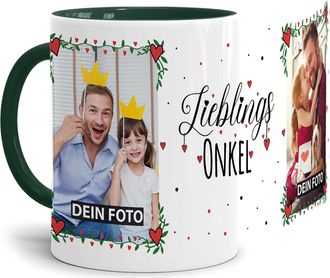 Tassendruck Tasse - Lieblings-Onkel - zum selbst Gestalten mit zwei Fotos - Fototasse für den Onkel - Keramik, Innen & Henkel Dunkelgrün, 300 ml