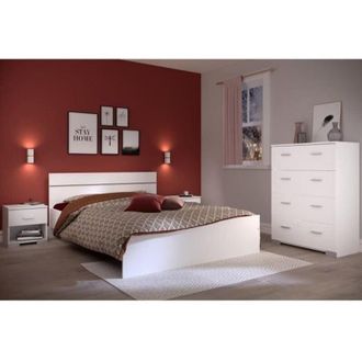 Parisot Chambre complete boston : Lit adulte 140x190 + Commode + 1 Chevet - D&eacute;cor blanc - Fabriqu&eacute; en France