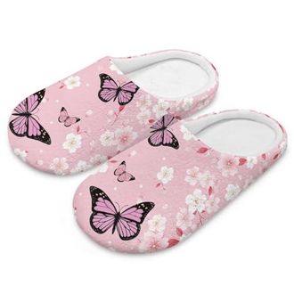 Coloranimal Pantoufles de spa &agrave; bout ferm&eacute; pour femme, chaussures dint&eacute;rieur en coton et lin, pantoufles dint&eacute;rieur en coton, Papillon en fleurs de cerisier, 35.5