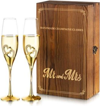 Nuptio Cristal Fl&ucirc;tes &agrave; Champagne Mariage : Ensemble de 2 Verres &agrave; Champagne Dor&eacute;s Avec Bo&icirc;te-cadeau Bois Paire Verres Prosecco Couples Mari&eacute;s Fian&ccedil;ailles An