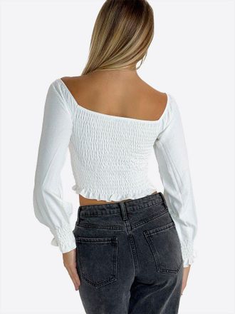 Elara Blusentop - Damen Crop Bluse mit Schn&uuml;rung, Carmen-Ausschnitt und Puff&auml;rmeln