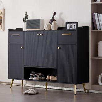 Generic Schuhschrank Schwarz 130 cm Breit Sideboard Gro&szlig; mit 2 Schubladen & 4 T&uuml;ren Flurkommode Modern Schuhkommode Highboard Schuhregal Geschlossen mit Offen