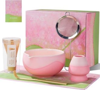 Zens Matcha Kit Rose, 6 pi&egrave;ces matcha set ensemble pour pr&eacute;parer un latte avec Fouet Matcha et la brume de montagne bol, cuill&egrave;re, tamis 304 et tapis &agrave; th&eacute;