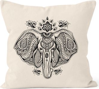 Autiga Kissenbezug Kissen-Hülle Mandala Elefant Elephant Boho Ethno Deko-Kissen 40x40 Baumwolle Natur 40cm x 40cm