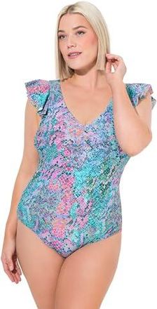 Ulla Popken Maillot de Bain Grande Taille pour Femme, Grandes Tailles, Serpent, Volant, Manches ailées, Bonnets Souples, Vert Clair des Caraïbes, 54