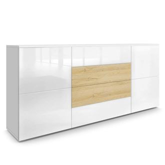Vladon Sideboard Rova, Made in Germany, Kommode mit 4 T&uuml;ren und 4 Schubladen, Wei&szlig; matt/Wei&szlig; Hochglanz/Eiche Natur (166 x 72 x 35 cm)