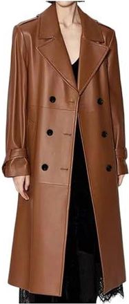 Generic Veste en cuir de mouton marron r&eacute;tro pour femme - Double boutonnage &agrave; revers avec ceinture - Trench long ample, marron, L