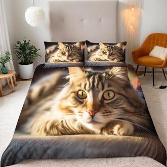 Generic Housse de Couette 200x200 Chaton Parure de Lit Animaux Mignons 3D Douce Respirante Microfibre Housse Couette 2 Personne avec Fermeture &Eacute;clair et 2 Tai