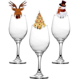 Hicarer 30 Pi&egrave;ces D&eacute;corations en Verre de Vin de No&euml;l D&eacute;coration de Carte de Verre de Table pour Articles de F&ecirc;te (Bonhomme de Neige, Wapiti et Sapin de No&euml;l)