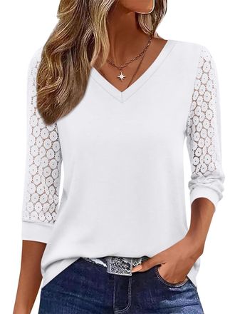 Onsoyours Shirt Damen 3/4 Arm V-Ausschnitt Tshirt Herbst Oberteil Spitzen Tops Sommer Casual T-Shirt Basic Shirt A Wei&szlig; XL