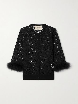 Valentino Garavani Cardigan En Dentelle Cordonnet De Coton &Agrave; Plumes - Noir