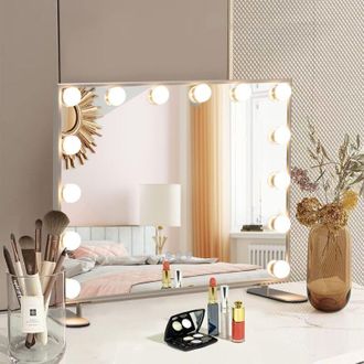 Costway Costway - Hollywood Spiegel mit 14 dimmbaren LED-Leuchten, 3 Lichtfarben, 2-in-1 Tischspiegel & Wandspiegel mit Metallständer, Schminkspiegel