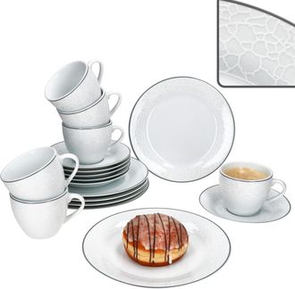 MamboCat Venedig 18tlg Kaffeeservice I wei&szlig;es Porzellan Geschirr mit Relief in Kieselstein-Optik & Grauer Linie f&uuml;r 6 Personen I je 6X Kaffeetassen 180ml, Unte