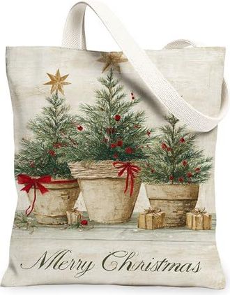 Generic Sacs fourre-tout en toile pour sapin de No&euml;l, motif nature vintage, sacs d&eacute;picerie r&eacute;utilisables, rustiques, l&eacute;gers et lavables avec bandouli&egrave;re Ca, b