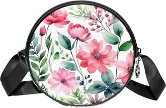 Generic Petit sac &agrave; bandouli&egrave;re circulaire pour femme, motif feuilles florales, sac &agrave; dos avec fermeture &eacute;clair, bretelles r&eacute;glables, sac &agrave; main rond d&eacute;contra