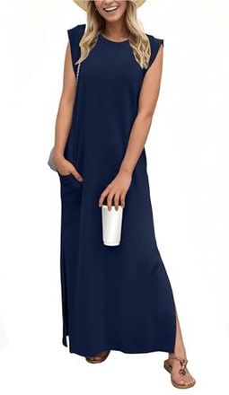 Generic Robe longue d&eacute;t&eacute; d&eacute;contract&eacute;e sans manches pour femme 2026 - Coupe ample et tendance - Pour les vacances et la plage, bleu marine, XXL
