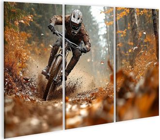 Islandburner Bild auf Leinwand Mountainbiker im herbstlichen Wald f&uuml;r Wohnzimmer Sportbegeisterte Outdoor-Gesch&auml;ft Bilder Wandbilder Poster
