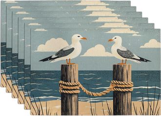 Generic Coastal M&ouml;we Platzsets, Blau, Vintage, nautische Tischsets f&uuml;r Esstisch, rutschfest, waschbar, f&uuml;r drinnen und drau&szlig;en, Sommer, Strand, Dekor, 6 St&uuml;ck