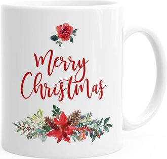 Autiga Tasse Weihnachten traditionell Merry Christmas Blumen Weihnachtsstern Christstern Teetasse Kaffeetasse wei&szlig; unisize