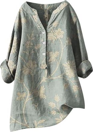 Generic Chemises d&eacute;t&eacute; en lin pour femme - Manches 3/4 - Hauts graphiques d&eacute;contract&eacute;s - V&ecirc;tements occidentaux - Grande taille - Confortables - Manches longues