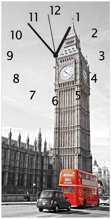 Wallario Design-Wanduhr, Acrylglasuhr Gr&ouml;&szlig;e 30 x 60 cm, Schwarze Zeiger, Motiv London Red Bus