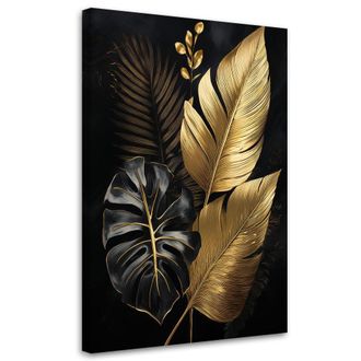 Feeby Bild auf Leinwand - Wandbilder Wohnzimmer Aesthetic - Monstera-Palmenbl&auml;tter in Gold - 60x90 1tlg - Schlafzimmer Wandekoration - Bilder Zimmer - Livin