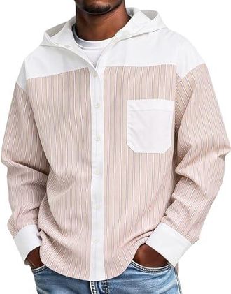 Generic Chemises pour homme adulte &agrave; manches longues contrast&eacute;es ray&eacute;es avec poche poitrine printemps et automne chemise &agrave; capuche tops sans repassage coupe d