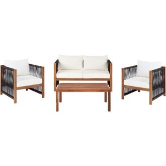 Beliani Lounge Set Schwarz Akazienholz und Flechtseil 4-teilig f&uuml;r 4 Personen mit Kissen Stoff 2-Sitzer Sofa 2 Sessel und Couchtisch Outdoor Terrasse