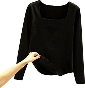 Generic Sous-v&ecirc;tement thermique &agrave; manches longues et col carr&eacute; pour femme - Automne/hiver - Couleur unie, Noir, L