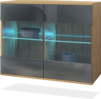 Vladon Kommode Bari V3, Moderner K&uuml;chenschrank mit 2 gro&szlig;en Glast&uuml;ren inkl. RGB Beleuchtung Eiche Evoke/Grau Hochglanz (92,5 x 73.5 x 35)