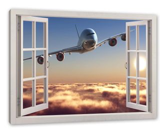 Pixxprint Flugzeug, Fenster, Gr&ouml;&szlig;e: 80x60cm, Leinwandbild, fertig gespannt, Wandbild, Dekoration, Kunstdruck, kein Poster