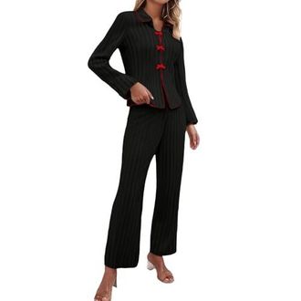 Generic Pyjama &eacute;l&eacute;gant c&ocirc;tel&eacute; pour femme - 2 pi&egrave;ces - Tenue dhiver en tricot - Manches longues - Pull en tricot - Couleur unie - Pull ample - Pantalon de pyja