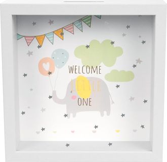 Goldbuch 92 0082 Wunscherfüller Welcome Little one, Spardose mit austauschbarem Hintergrund, Bilderrahmen aus MDF, Geldbox für Münzen und Scheine, Sparbüchse m