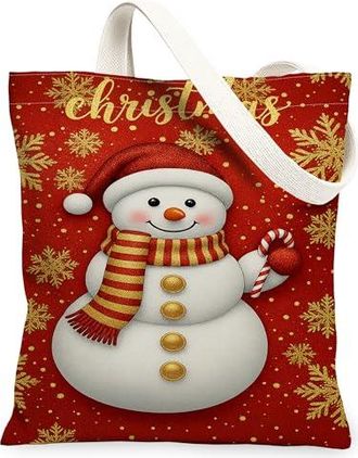 Generic Sac fourre-tout en toile motif bonhomme de neige de No&euml;l, sac d&eacute;picerie r&eacute;utilisable, amusant pour lhiver, l&eacute;ger et lavable, Rouge, 13x15 Inch