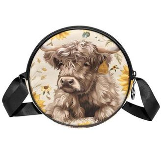 Generic Sac &agrave; bandouli&egrave;re rond pour femme, motif vache et tournesol avec fermeture &eacute;clair et bretelles r&eacute;glables