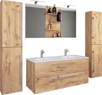 VCM 5-TLG. Doppel Waschplatz | 2X Waschtisch | Badm&ouml;bel Set mit Unterschrank, Waschbecken, 2X Hochschrank und Spiegel | Doppelwaschbecken | Komplettset Bu