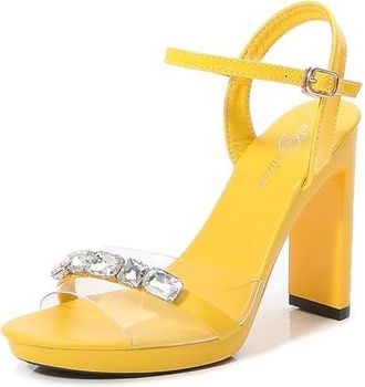 Generic Jaune,35 EU,Sandales à Talons Hauts pour Femmes, Bride à la Cheville, Plateforme épaisse, Strass, Chaussures habillées pour Bal de Promo, soirée dansa