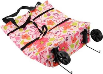 Hemobllo Paquet Cabas Pliable &agrave; Roulettes avec Poign&eacute;e T&eacute;lescopique Paquet de Courses Portable en Polyester R&eacute;sistant 4 Roues Silencieuses Design Blanc &agrave; Fleur