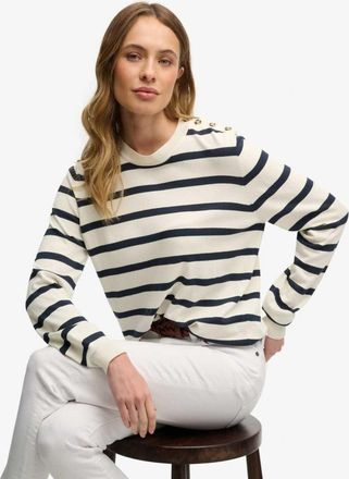 Superdry Leichter Basic-Pullover in Cremewei&szlig; mit Streifen in sattem Marineblau