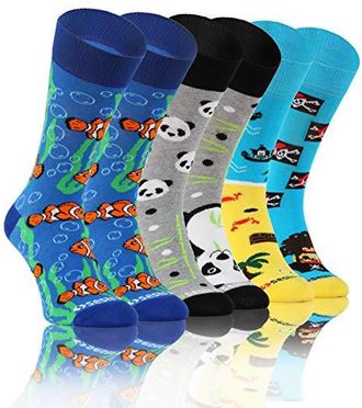 Sesto Senso Chaussettes Fou Marrant Froussard Oddsocks Drôles Coloré Homme Femme Lot 3 Paires à Motifs Différent Panda Poisson Pirate 35-38 3 Fou
