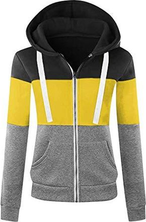 Generic Vestes de sport &agrave; manches longues pour femmes 2026 - Couleurs contrast&eacute;es - Patchwork - Fermeture &eacute;clair - Avec poche, jaune, XXL