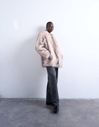 Topshop Manteau mi-long sans col en fausse fourrure à rayures - Blanc